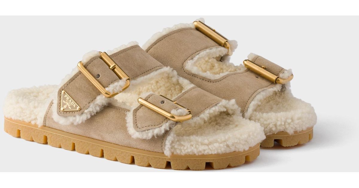Prada Suede And Shearling Slides in White | Lyst UK