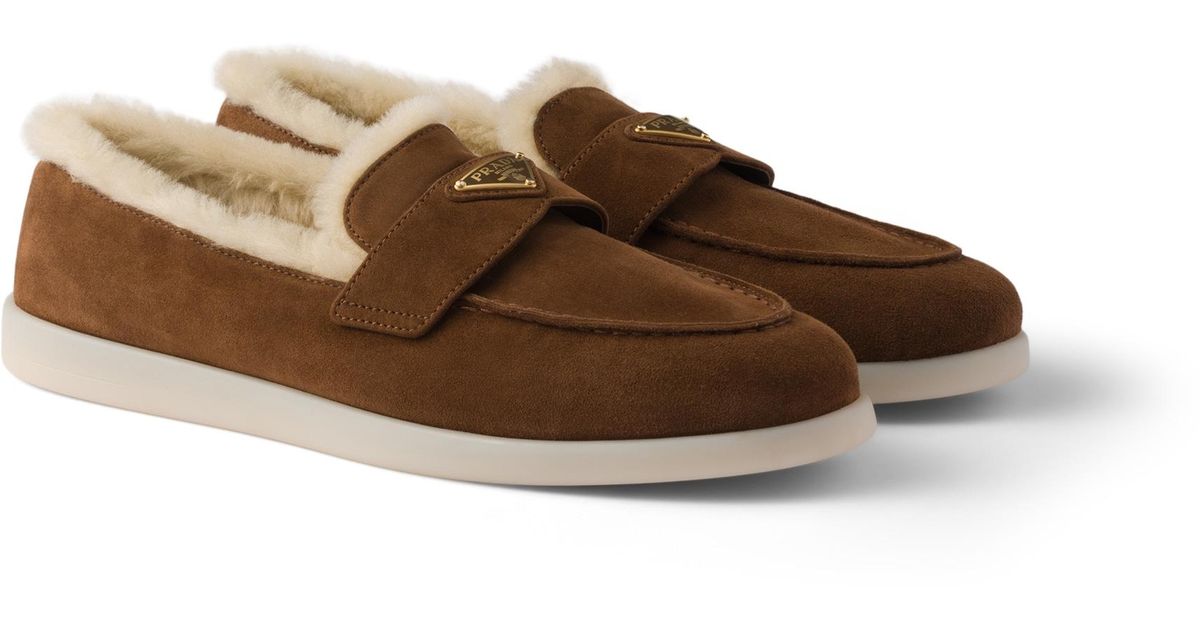 Prada Triangle-Logo Shearling Loafers in Brown | Lyst