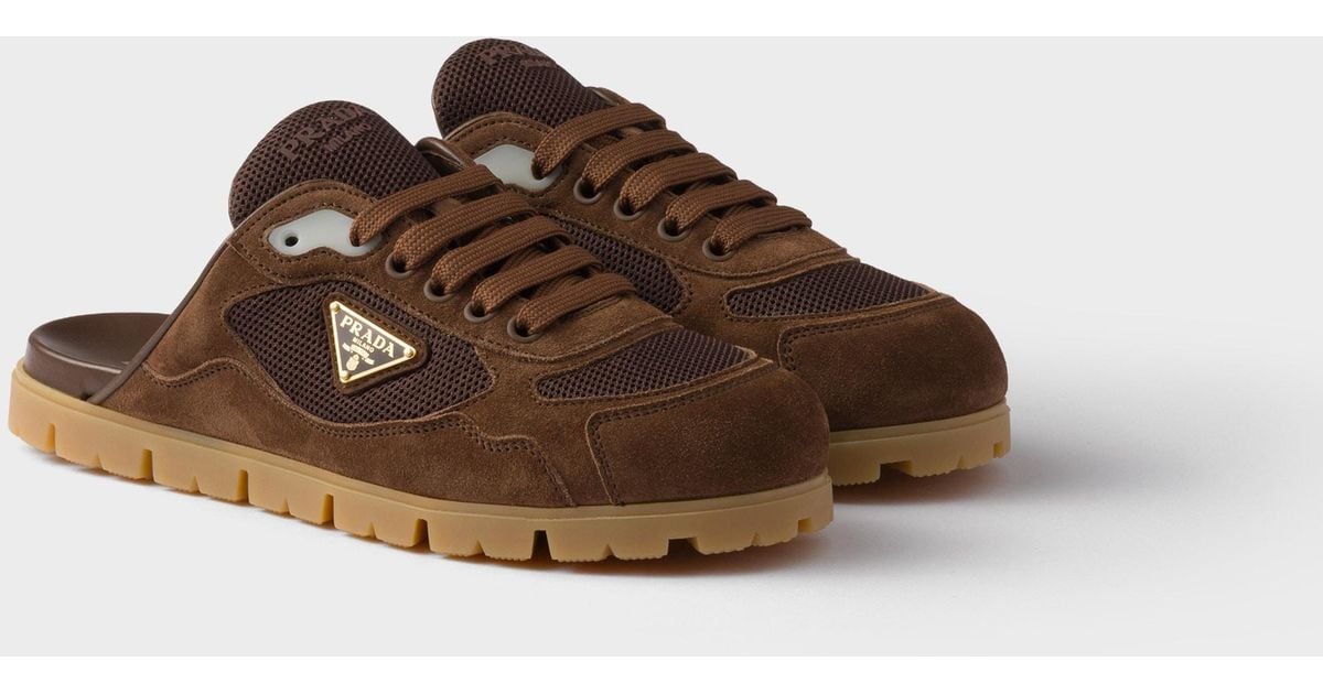 Prada Trail Mesh Fabric And Suede Mules in Brown | Lyst