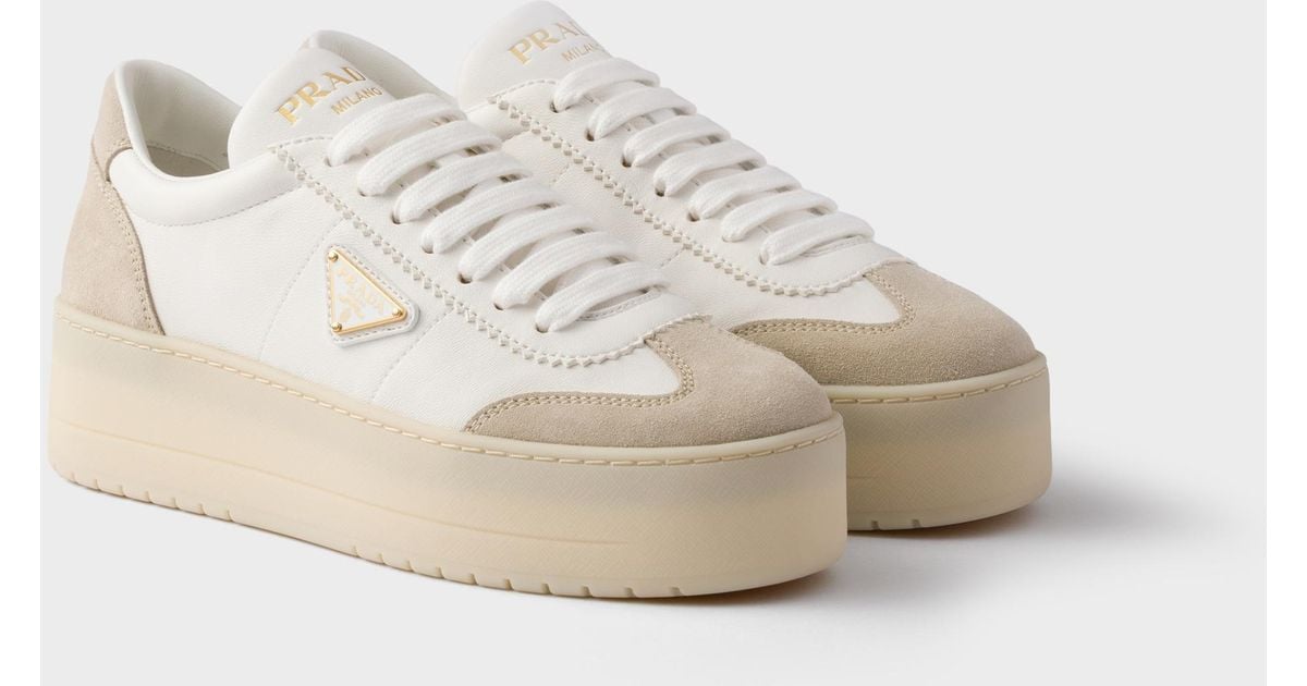 Prada Downtown Bold Nappa Leather And Suede Sneakers in Natural | Lyst