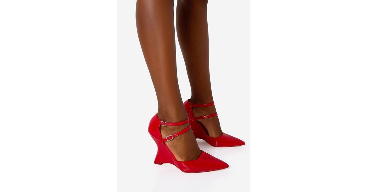 Public Desire Aspiration Red Patent Strappy Pointed Toe Platform Cut ...