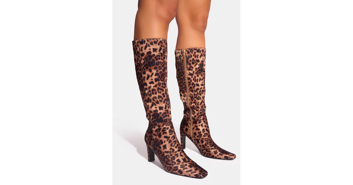 Public Desire Pose Leopard Zip Up Knee High Slim Block Heeled Boots in ...