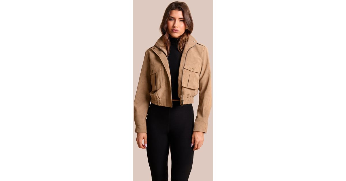 Public Desire Faux Suede Cropped Bomber Jacket Beige in Natural | Lyst UK