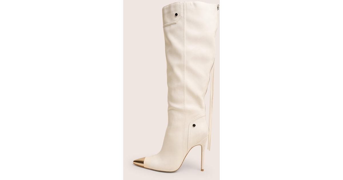 Public Desire Finest White Toe Cap Detail Pointed Knee High Boots in ...