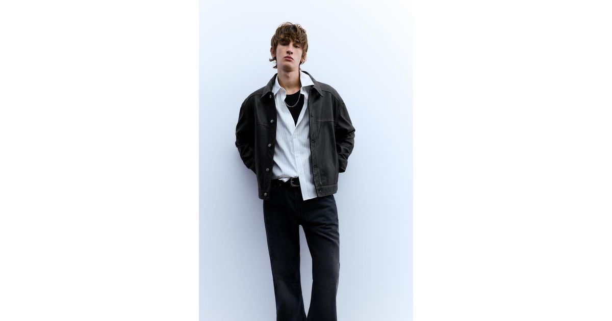 Pull&Bear 100% Leather Trucker Jacket in Blue for Men | Lyst UK