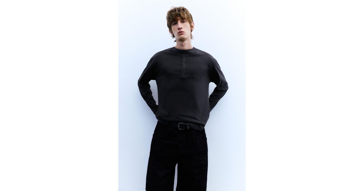 Pull&Bear Double Henley Neck T-Shirt in Black for Men | Lyst UK