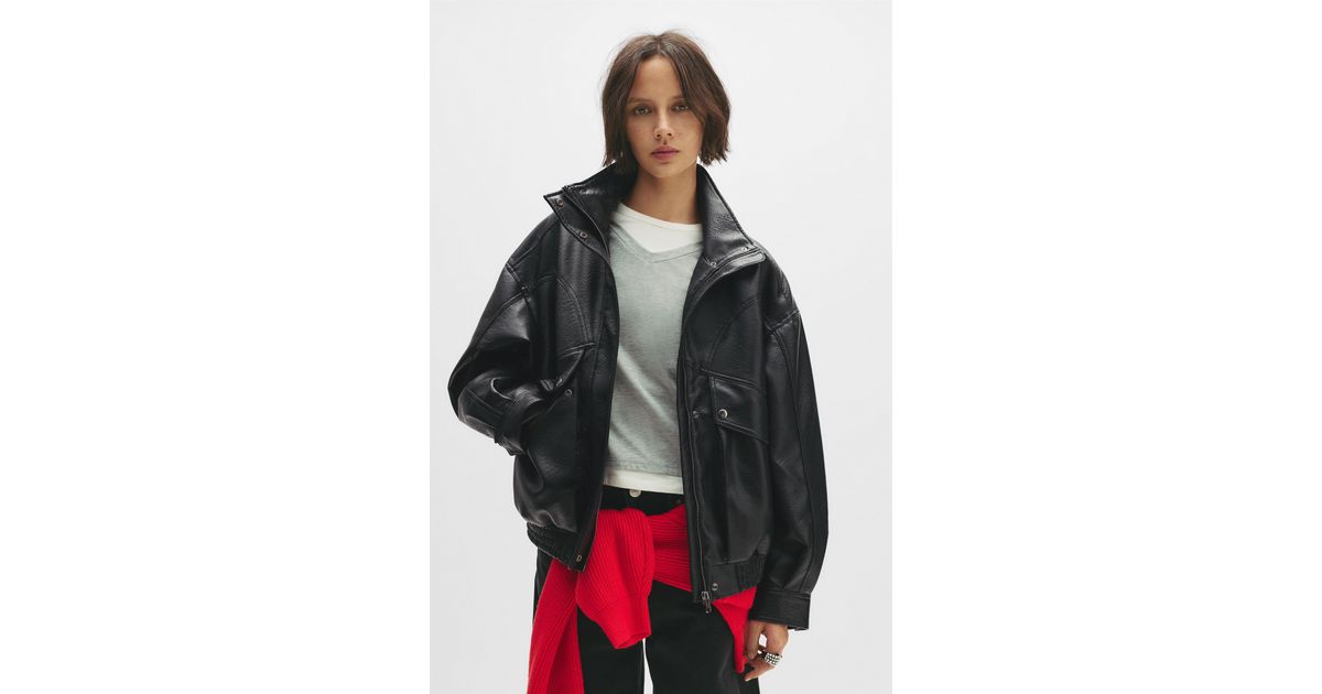 Pull&Bear Leather Effect Bomber Jacket in Grey | Lyst UK