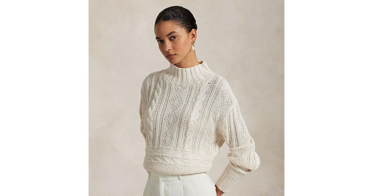 Polo Ralph Lauren Aran-Knit Cotton Mockneck Sweater in Gray | Lyst