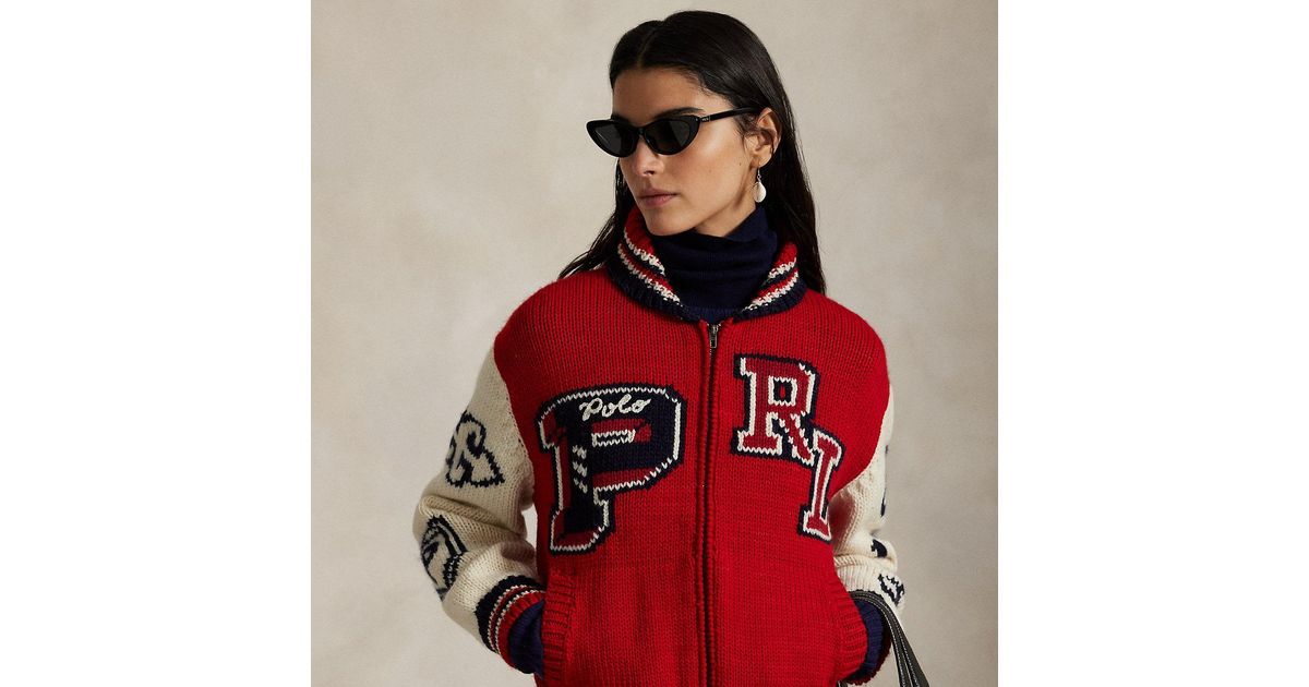 Ralph Lauren Wool-Blend Zip Letterman Cardigan in Red | Lyst