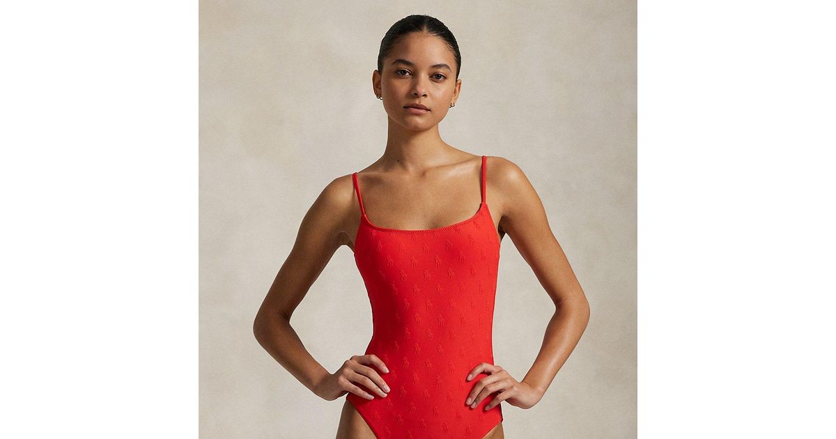 Polo Ralph Lauren Allover Pony One-Piece Swimsuit in Red | Lyst