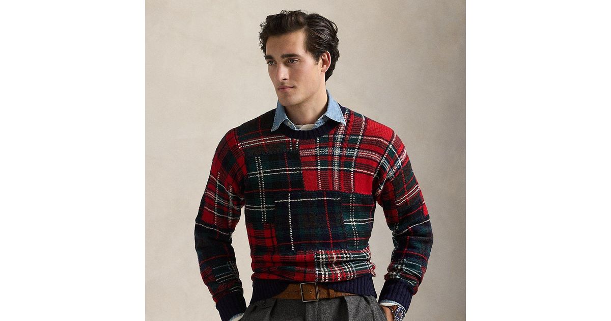 Polo Ralph Lauren Plaid Patchwork Wool-Blend Sweater in Red for Men | Lyst