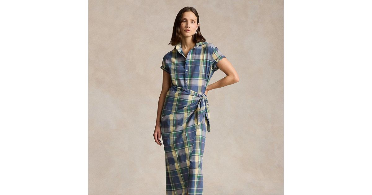 Ralph Lauren Plaid Cotton Faux-wrap Shirtdress in Blue | Lyst