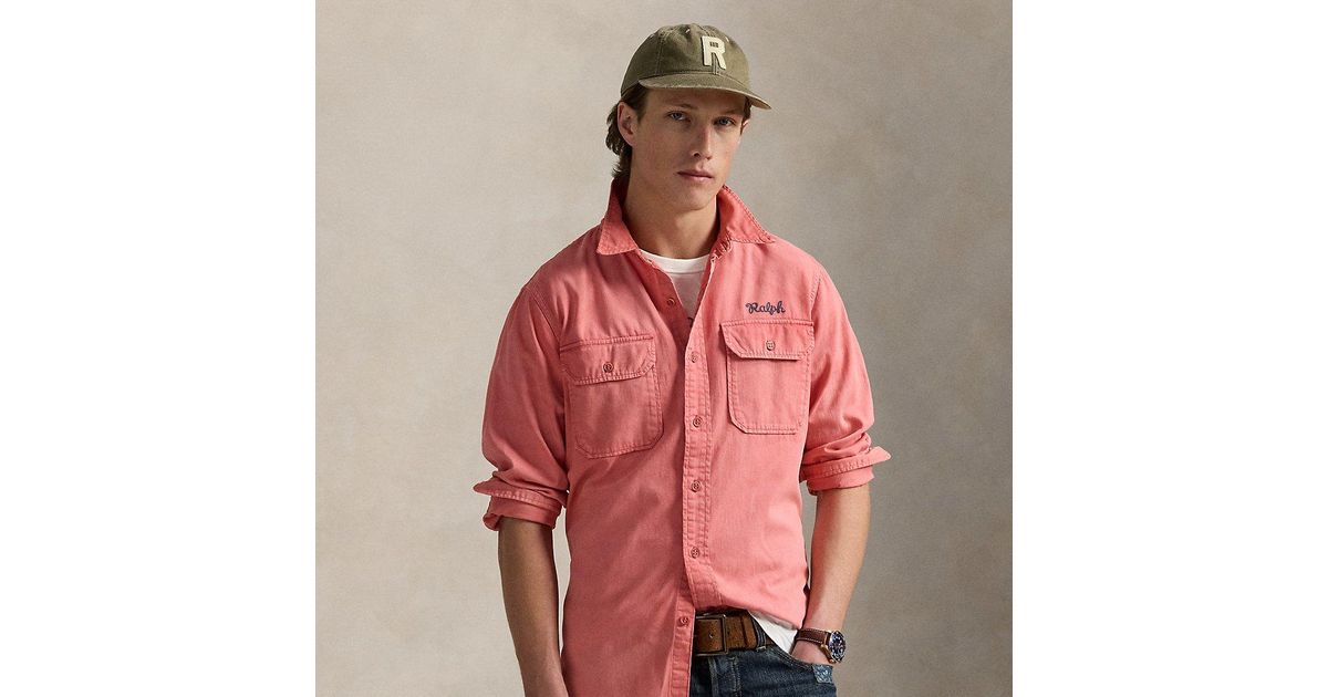Polo Ralph Lauren Classic Fit Embroidered Chino Workshirt in Pink for Men | Lyst