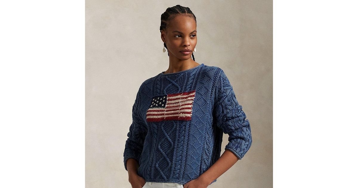 Polo Ralph Lauren Flag Aran-Knit Cotton Sweater in Blue | Lyst