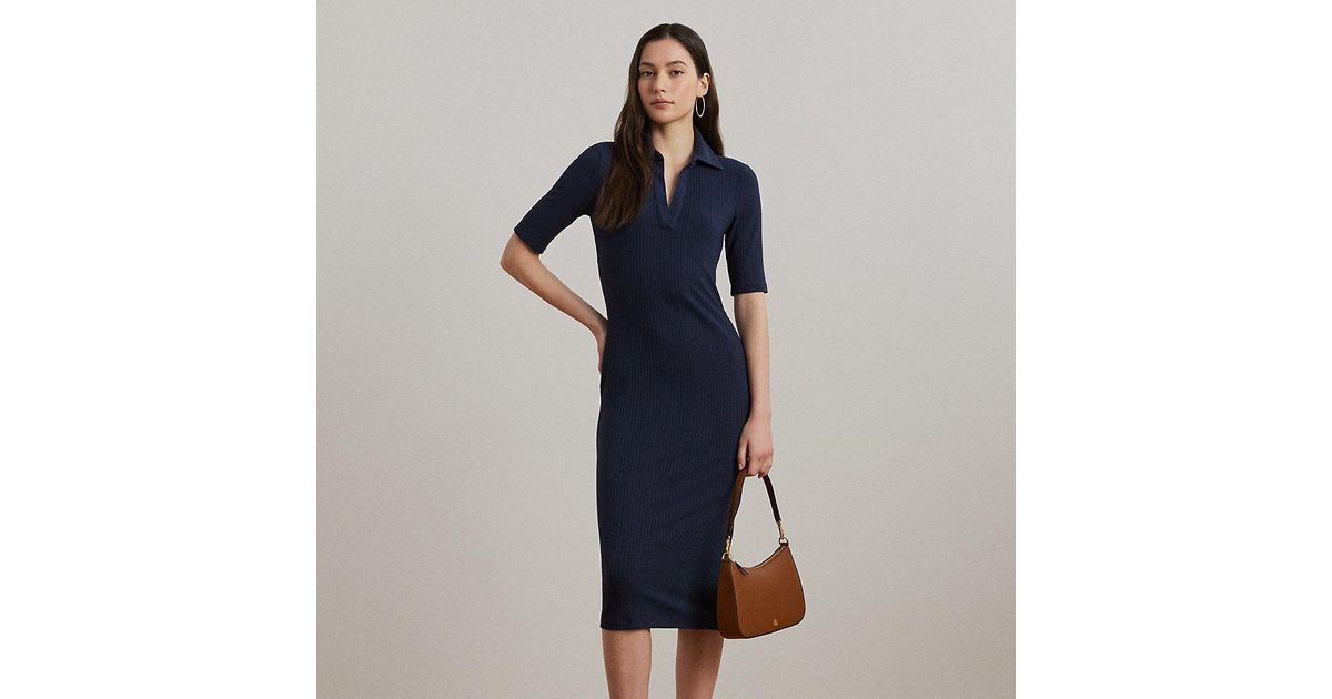 Ralph Lauren Ralph Lauren Rib-Knit Elbow-Sleeve Polo Dress in Blue | Lyst