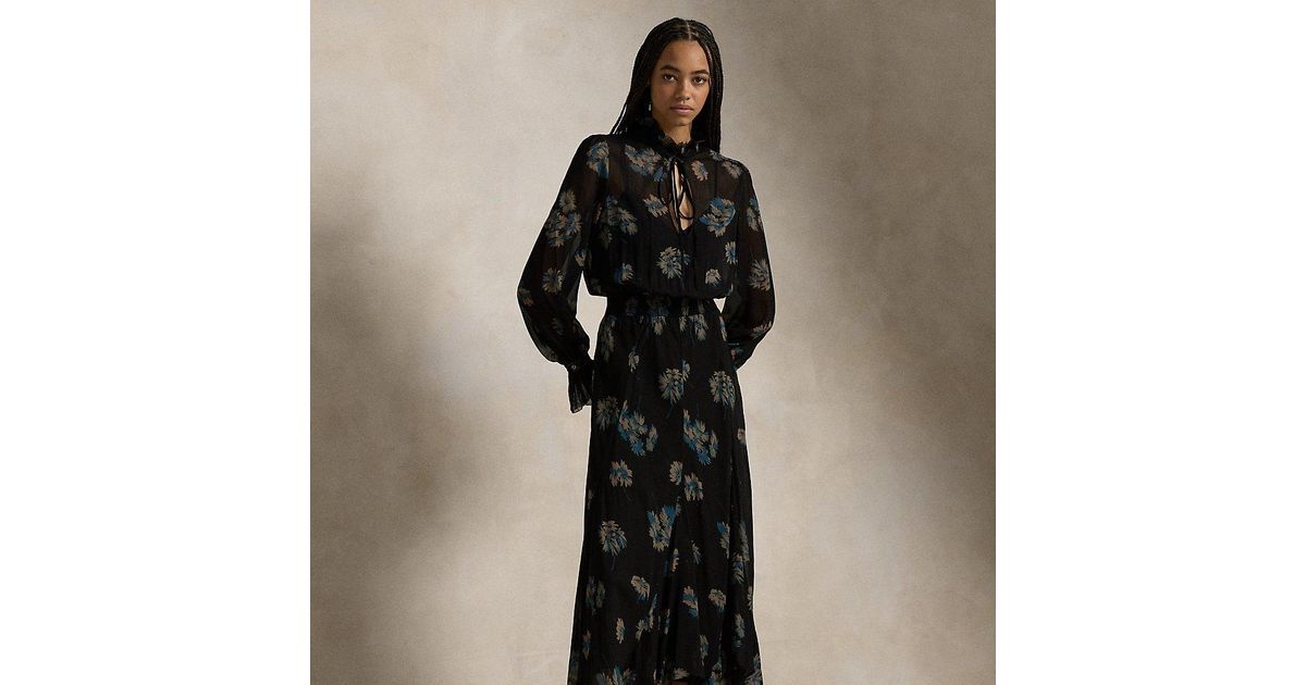 Polo Ralph Lauren Floral Ruffle-Trim Georgette Dress in Black | Lyst