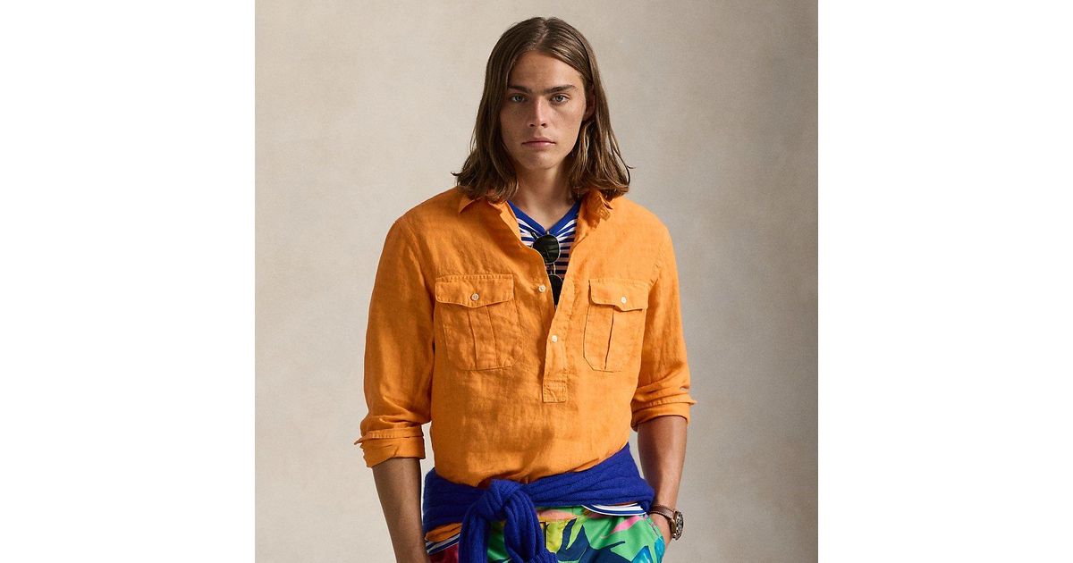 Polo Ralph Lauren Classic Fit Linen Popover Workshirt in Orange for Men ...