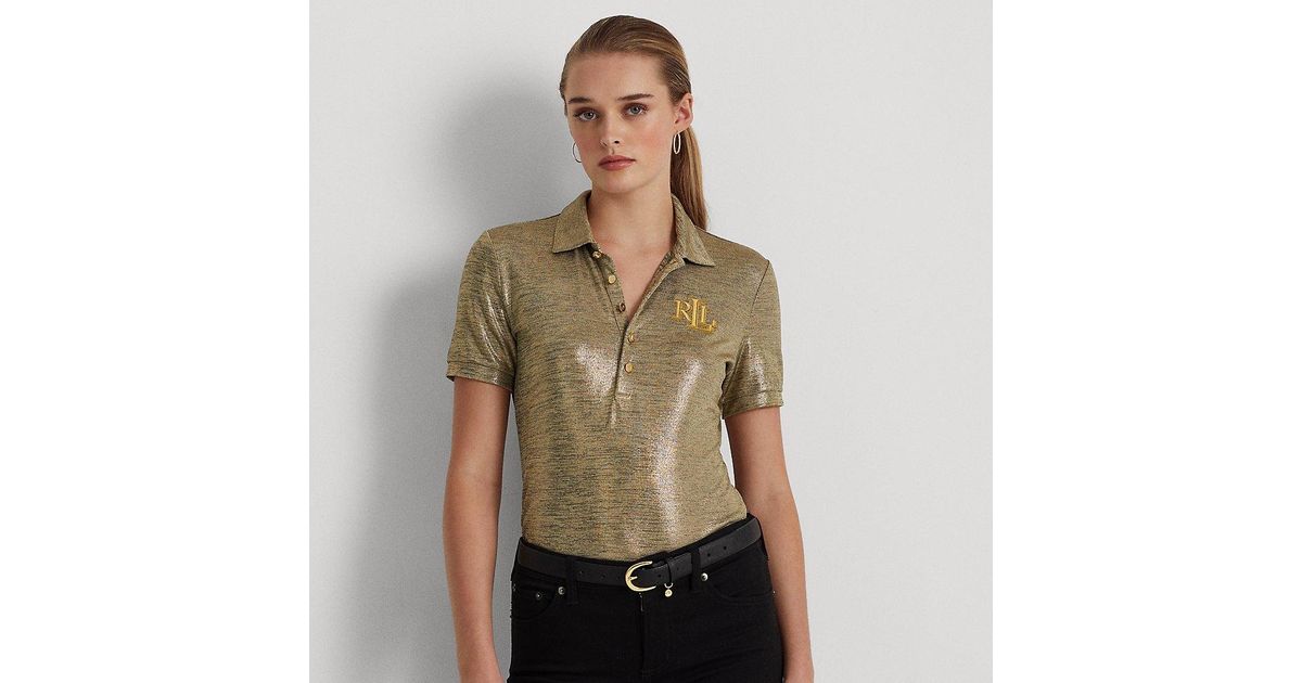 Lauren By Ralph Lauren Foil Print Jersey Polo Shirt In Green Lyst