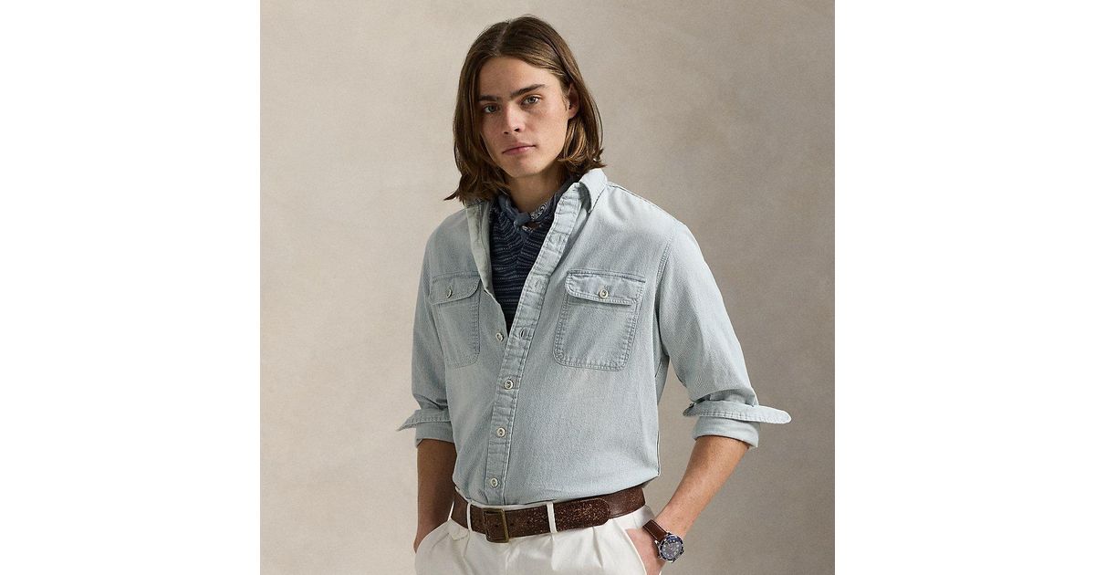 Ralph Lauren Classic Fit Striped Twill Workshirt in Gray for Men | Lyst