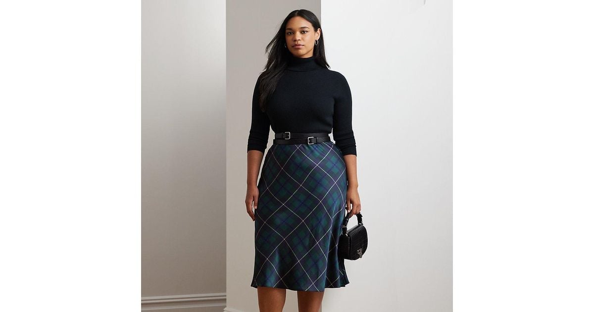 Ralph Lauren Ralph Lauren Plaid Satin Charmeuse Midi Skirt in Black | Lyst