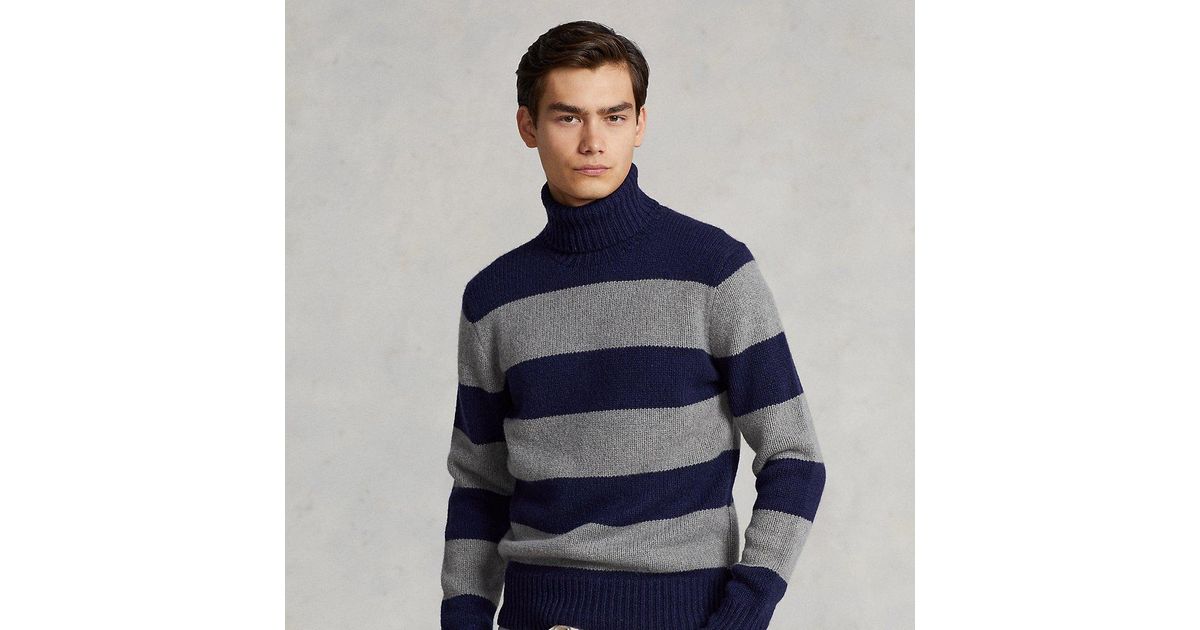 Ralph Lauren Striped Wool Cashmere Turtleneck Sweater In Blue For Men