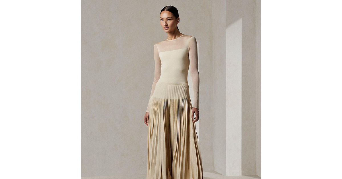 Ralph Lauren Ralph Lauren Pleated Opaque & Sheer Wide-leg Jumpsuit in Natural | Lyst