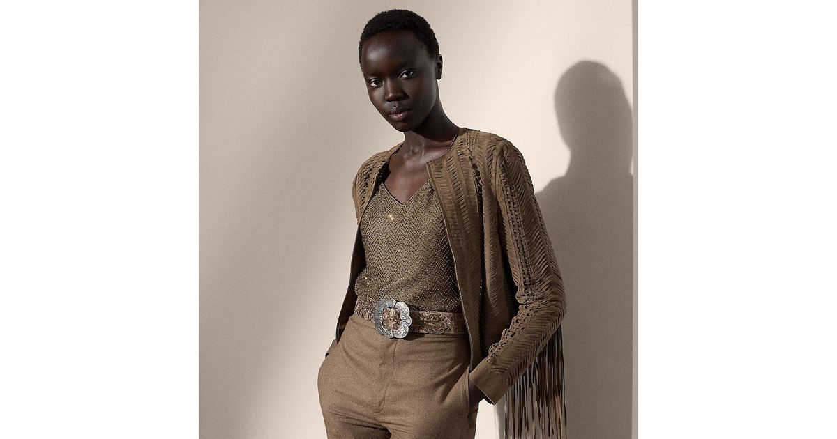 Ralph Lauren Christie Fringe-trim Lamb-suede Jacket in Brown | Lyst