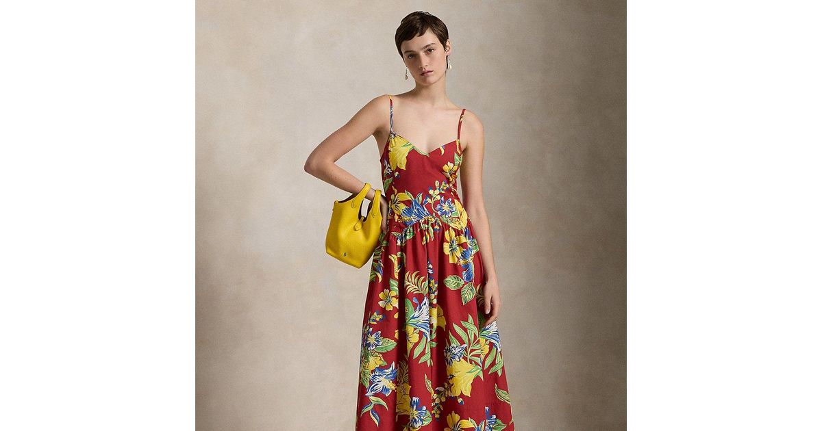 Polo Ralph Lauren Tropical-Floral Cotton Poplin Dress in Red | Lyst