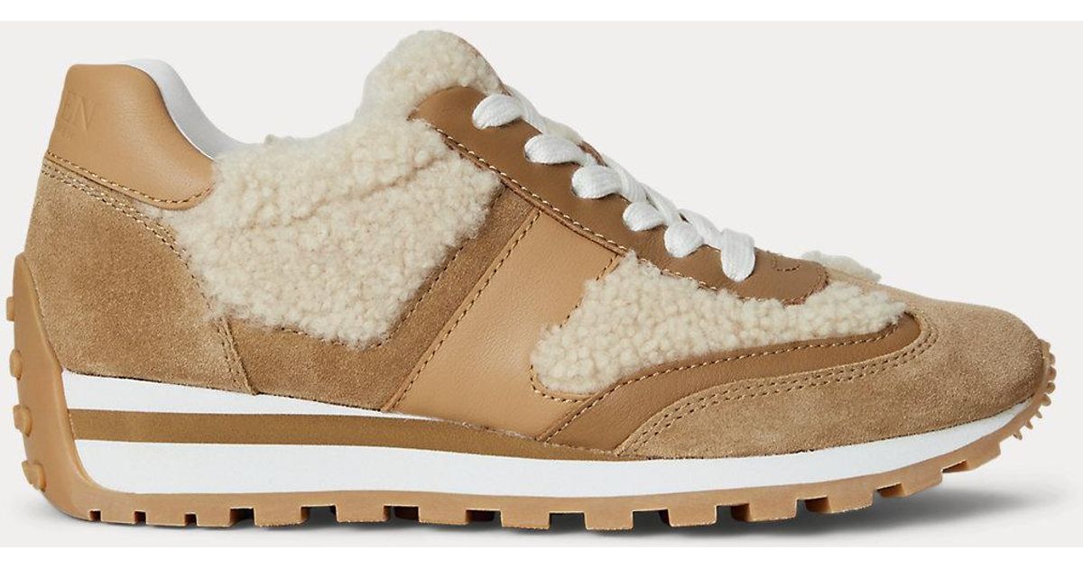 Ralph Lauren Dani Shearling-Trim Suede Trainer in Natural | Lyst