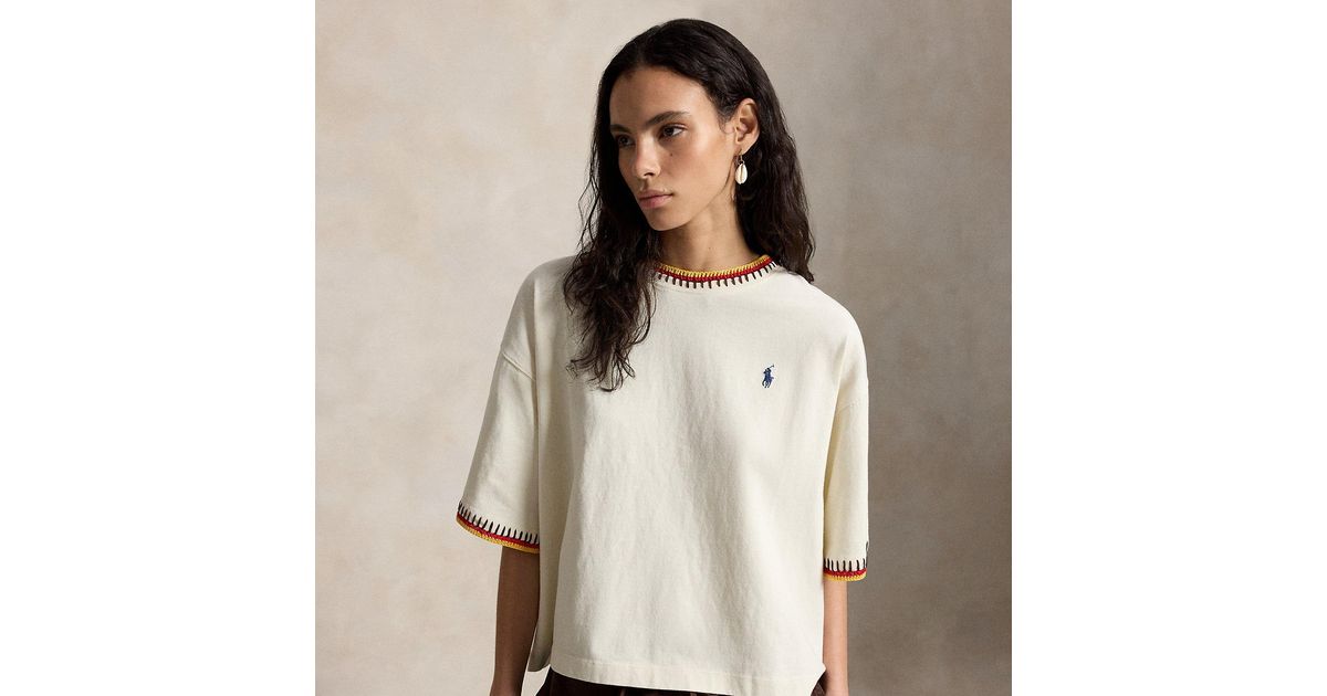 Polo Ralph Lauren Crochet-Trim Cotton Jersey Tee in Metallic | Lyst UK