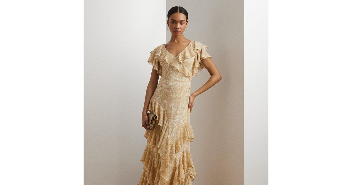 Ralph Lauren Ralph Lauren Floral Ruffle-Trim Georgette Gown in Brown | Lyst