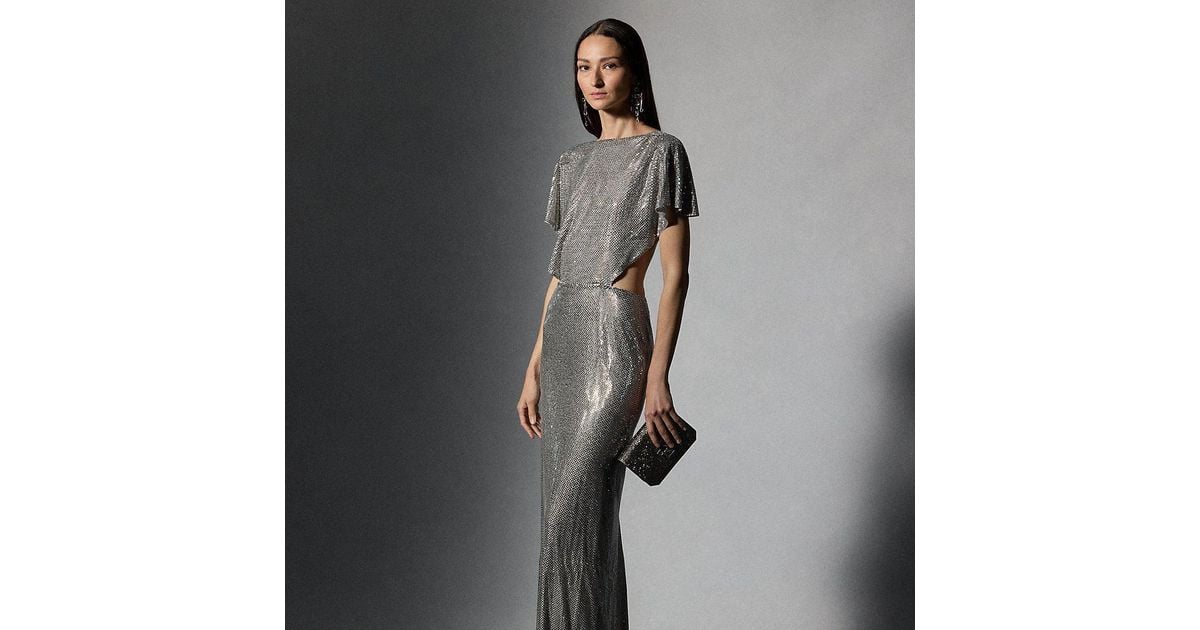 Ralph Lauren Sariah Embellished Silk Evening Dress in Gray | Lyst