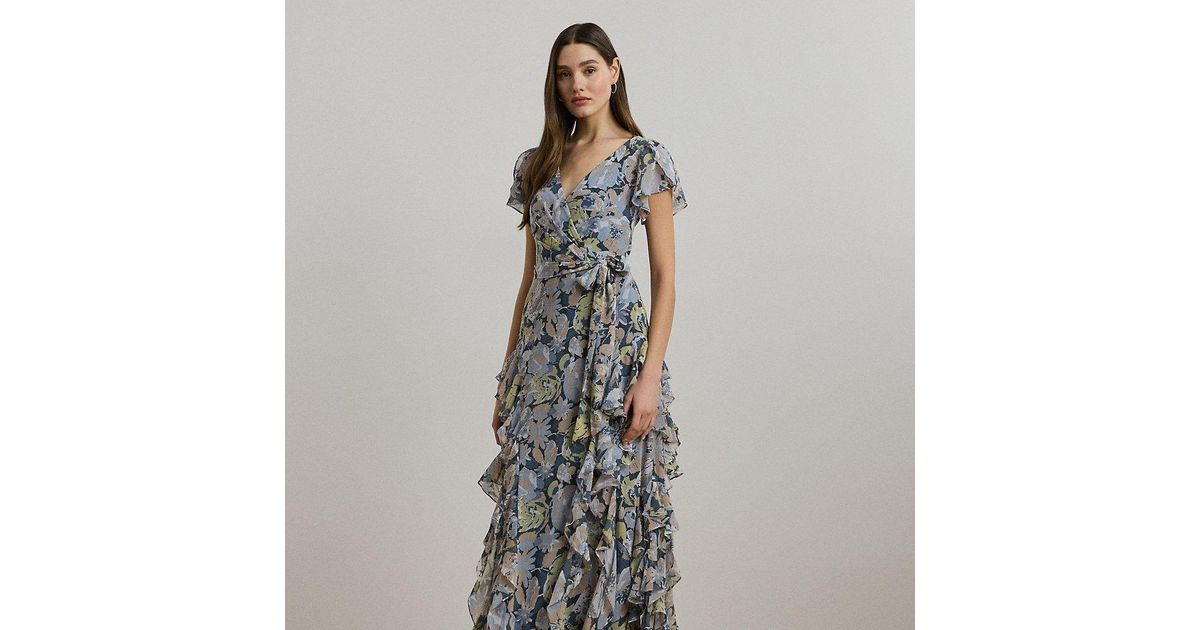 Ralph Lauren Floral Ruffle-Trim Georgette Gown in Gray | Lyst