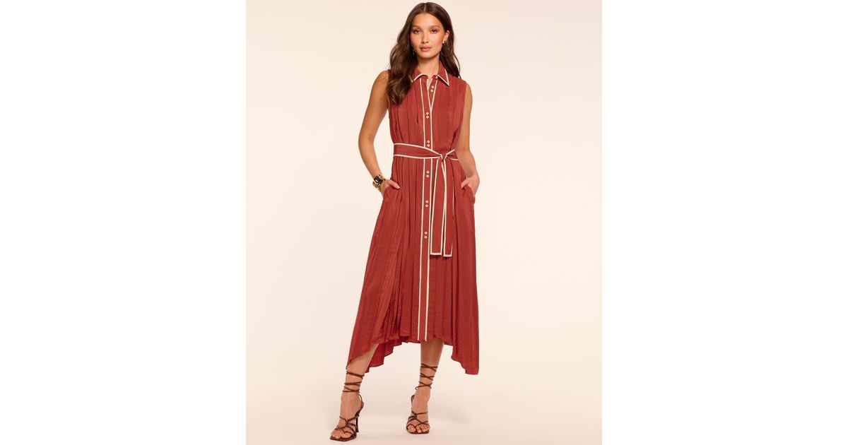 Ramy Brook Kenneth Button Down Pleated Midi Dress in Red | Lyst