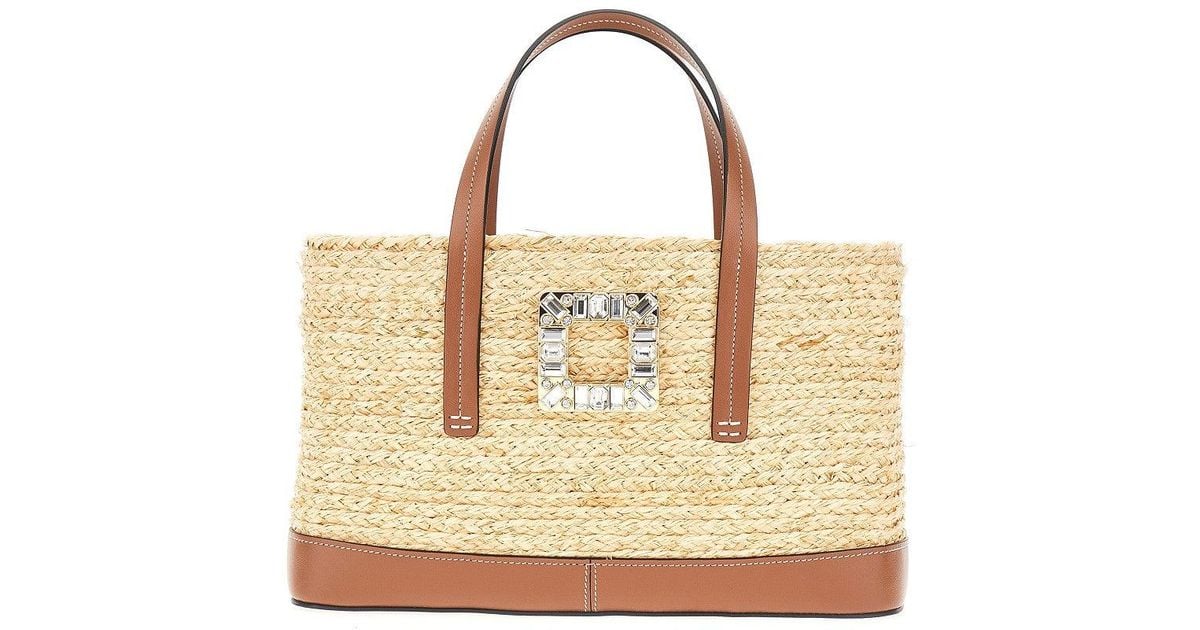 Roger Vivier Raffia And Leather Small 'Viv' Skate' Bag in Natural | Lyst