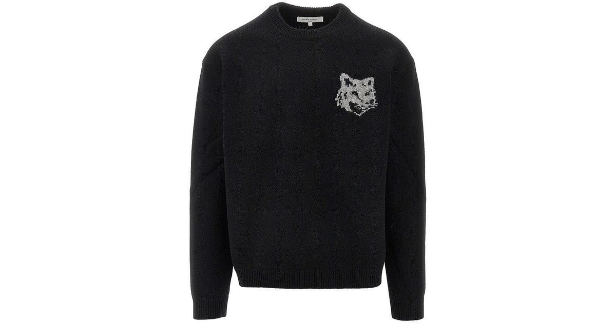 Maison Kitsuné 'Fox Head' Inlay Wool Sweater in Black for Men | Lyst UK