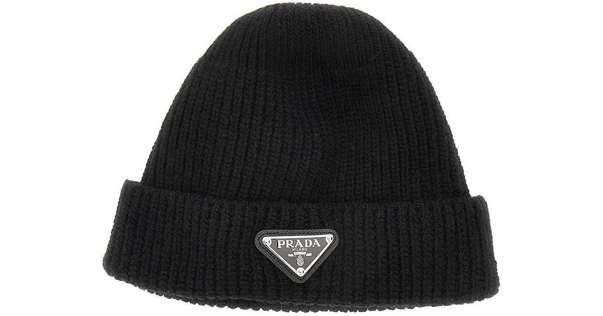 Prada Cashmere-Blend Beanie Hat With Triangle Logo in Black for Men ...