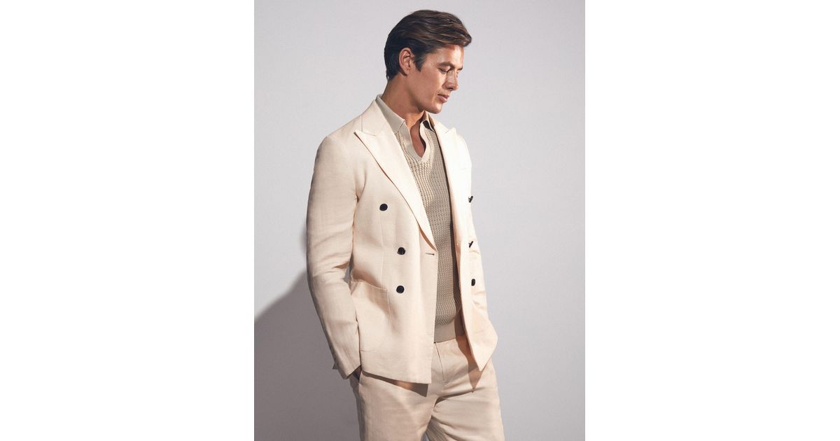 Reiss Kin Linen Double-Breasted Suit Slim-Fit Blazer in Natural for Men ...