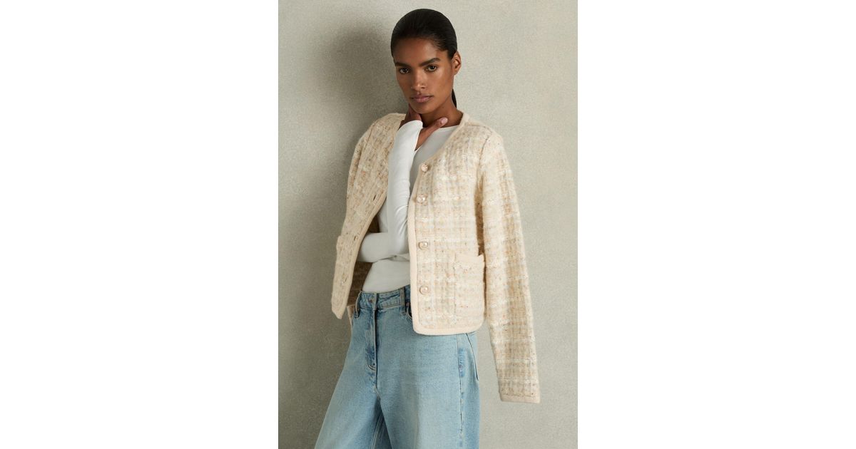 Reiss Light Tweed-Effect Cardigan With Merino in Natural | Lyst
