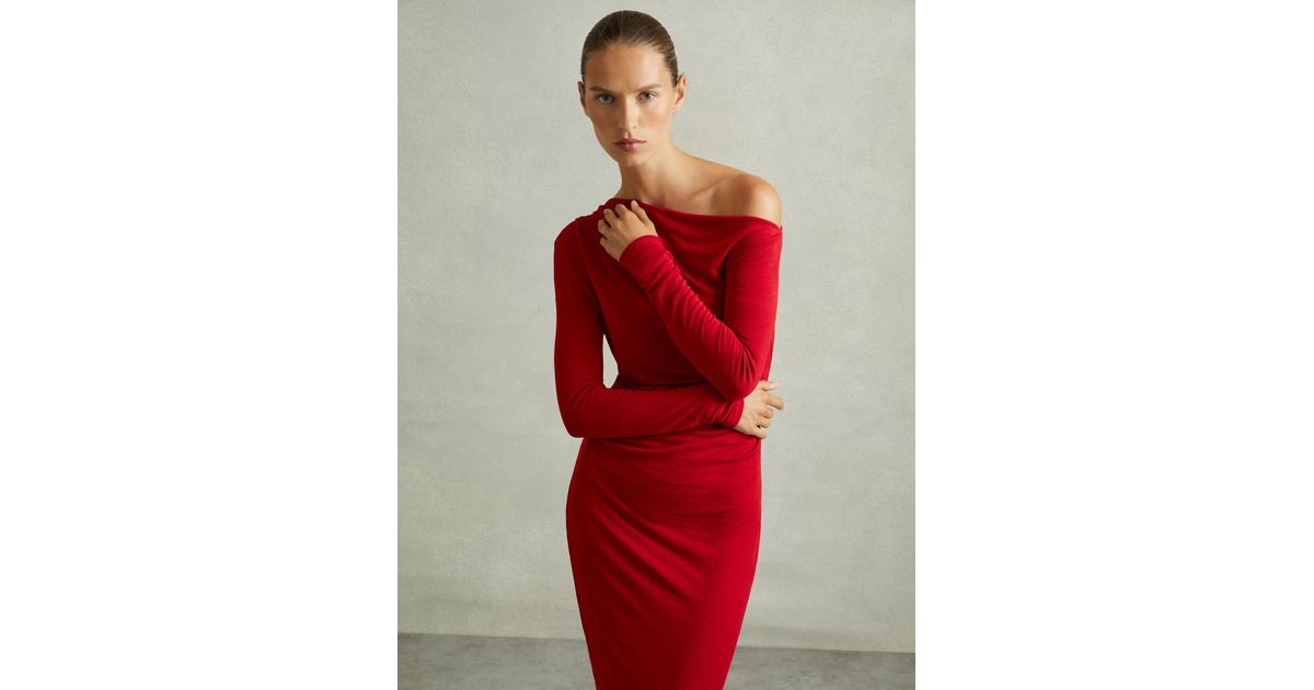 Reiss Becky - Red Off-the-shoulder Jersey Midi Dress, L (us 12-14) | Lyst