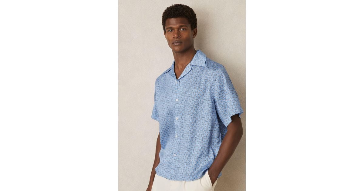 Reiss Geometric Wave Print Cuban Shirt in Blue for Men | Lyst UK