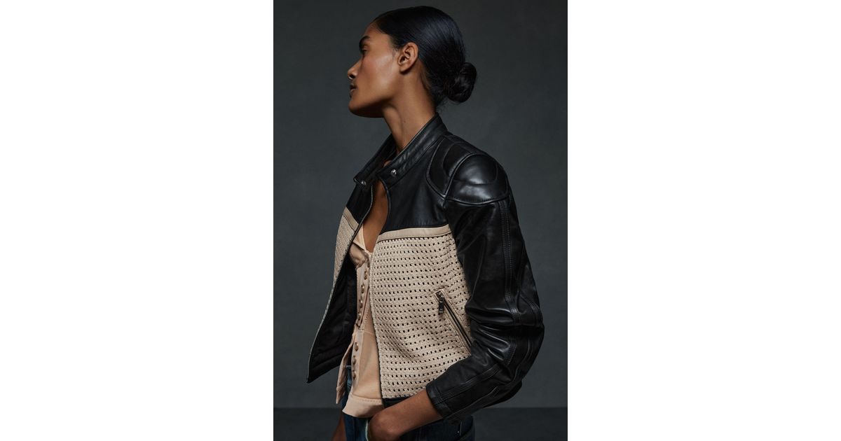 Reiss Atelier Leather Woven Biker Jacket in Black | Lyst UK