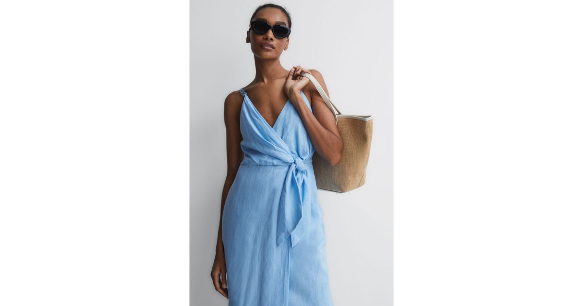 Reiss Esme Chain-strap Linen Midi Dress in Blue | Lyst UK