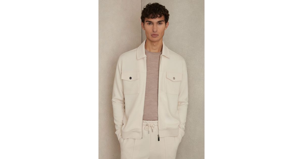 Reiss Medina - Off White Interlock Jersey Zip-through Overshirt, Medium ...