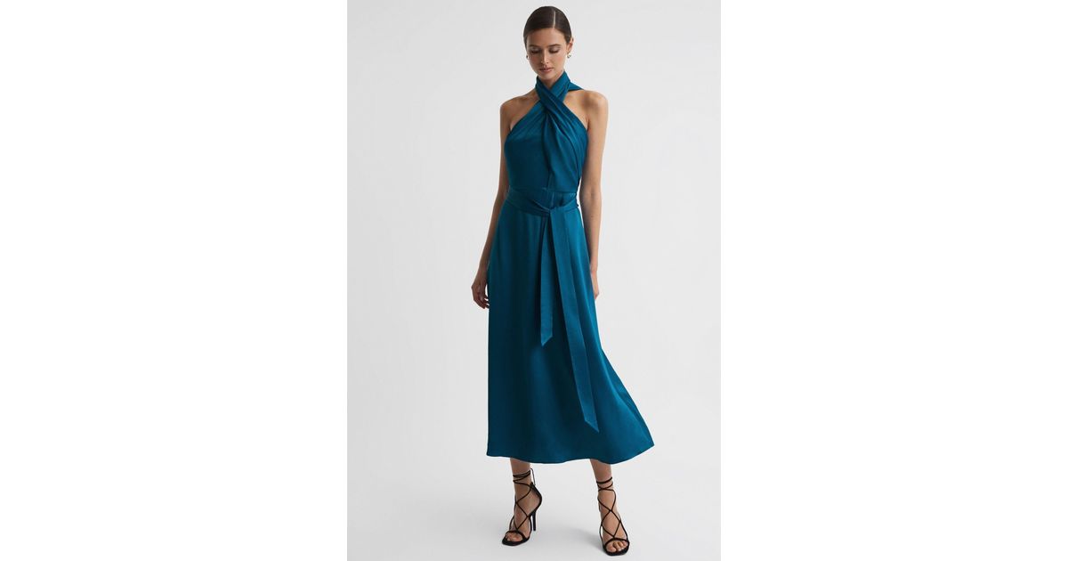 Reiss Vida Teal Satin Halter Neck Fitted Midi Dress In Blue Lyst