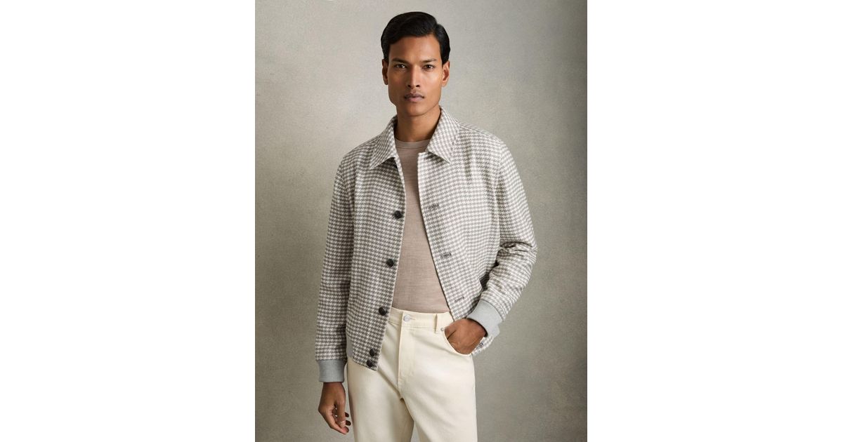 Reiss Soft & Dogtooth-Check Blouson Jacket in Brown for Men | Lyst