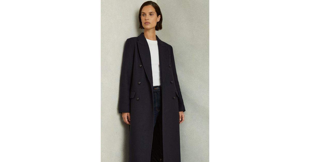 Reiss Wool-Blend Twill Double-Breasted Coat in Blue | Lyst