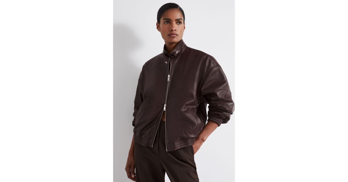 Reiss Atelier Leather Latched-Collar Bomber Jacket in Brown | Lyst