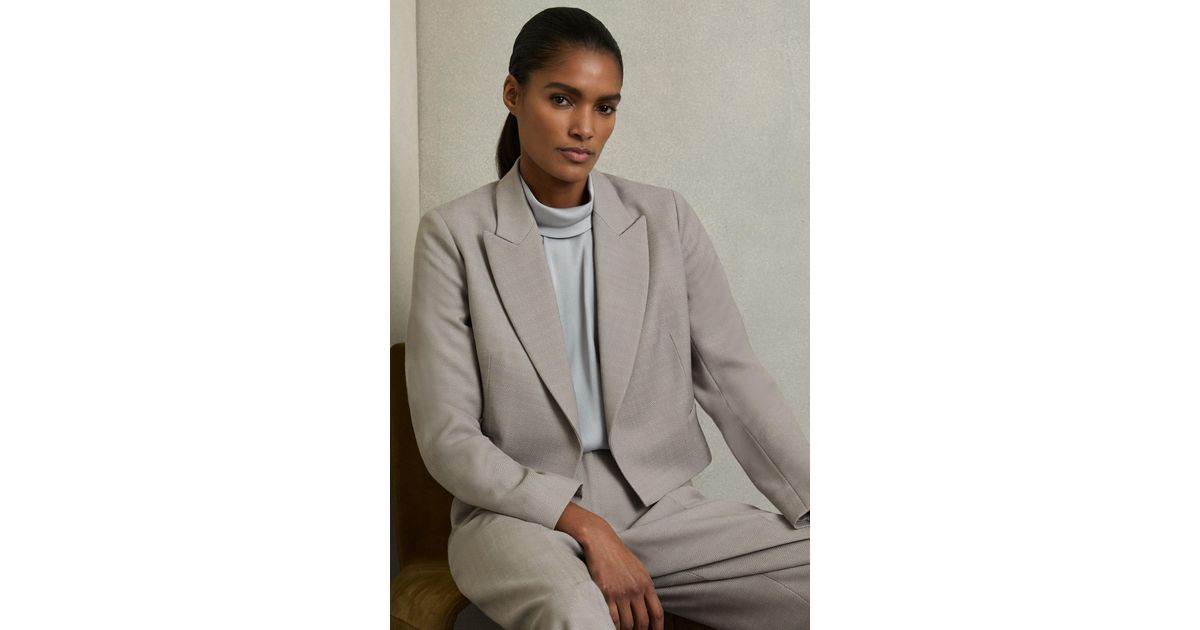 Reiss Double-Breasted Cropped Wool-Blend Blazer in Brown | Lyst