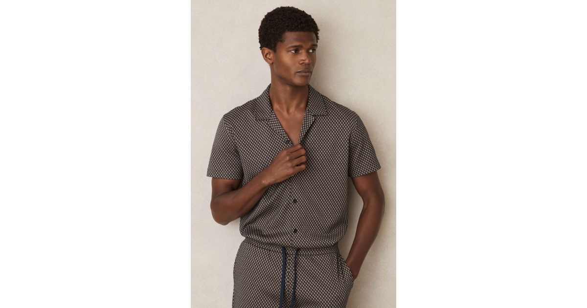 Reiss Geometric Jacquard Cuban-Collar Shirt in Brown for Men | Lyst UK